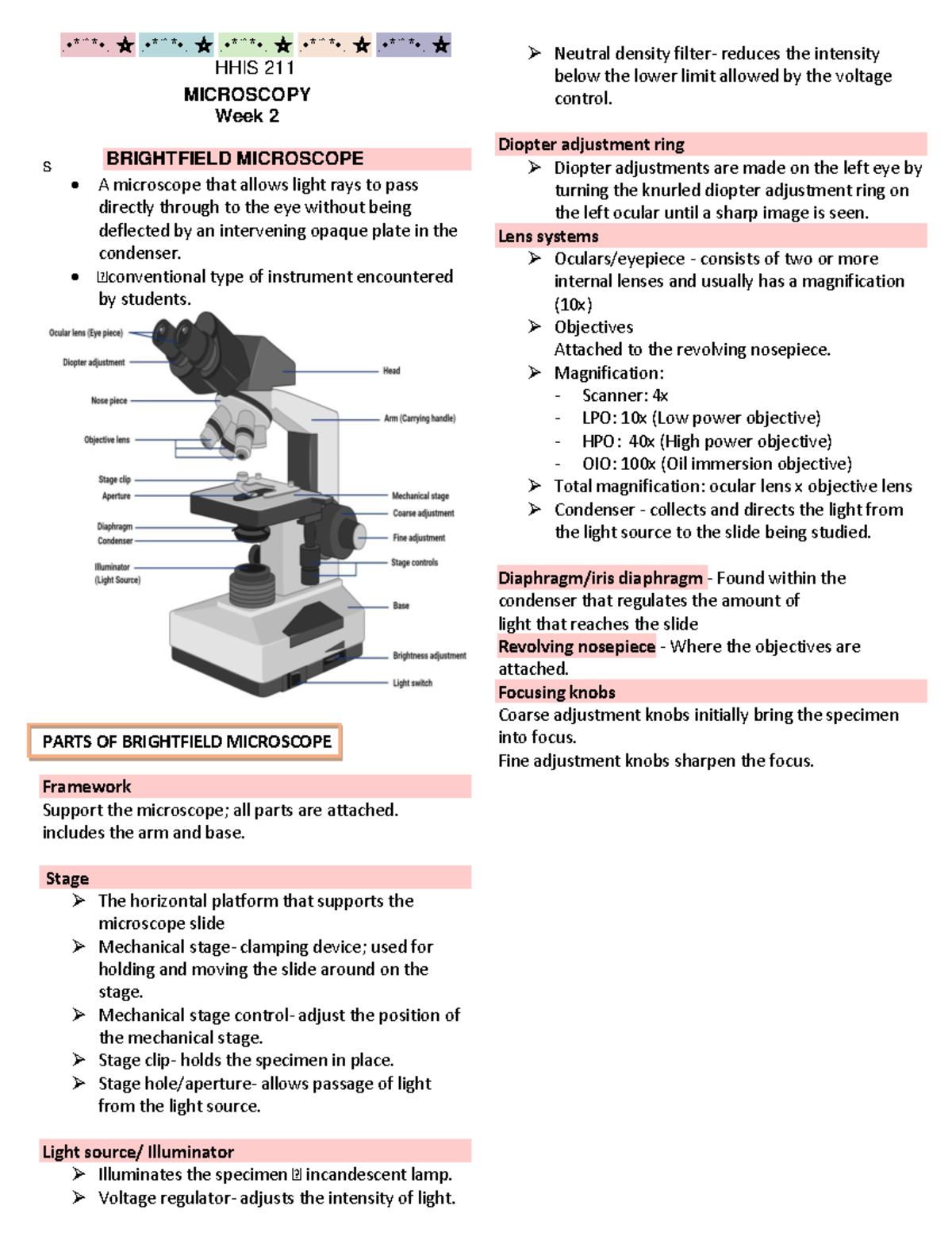 HHIS 211 Prelim Lecture & Lab Notes on Microscopy and Tissues - Studocu
