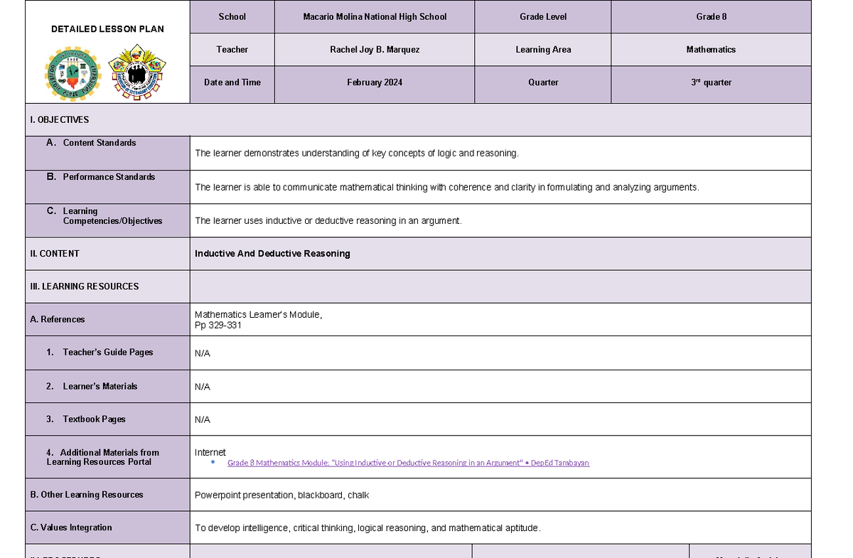 Grade 8 Math Lesson Plan: Inductive & Deductive Reasoning - Studocu