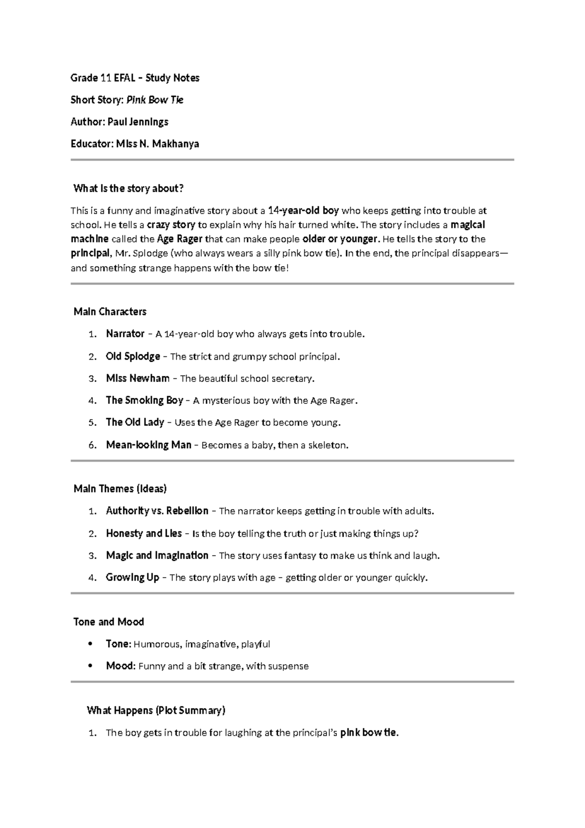 Grade 11 EFAL study notes: Analysis of the short story Pink Bow Tie ...
