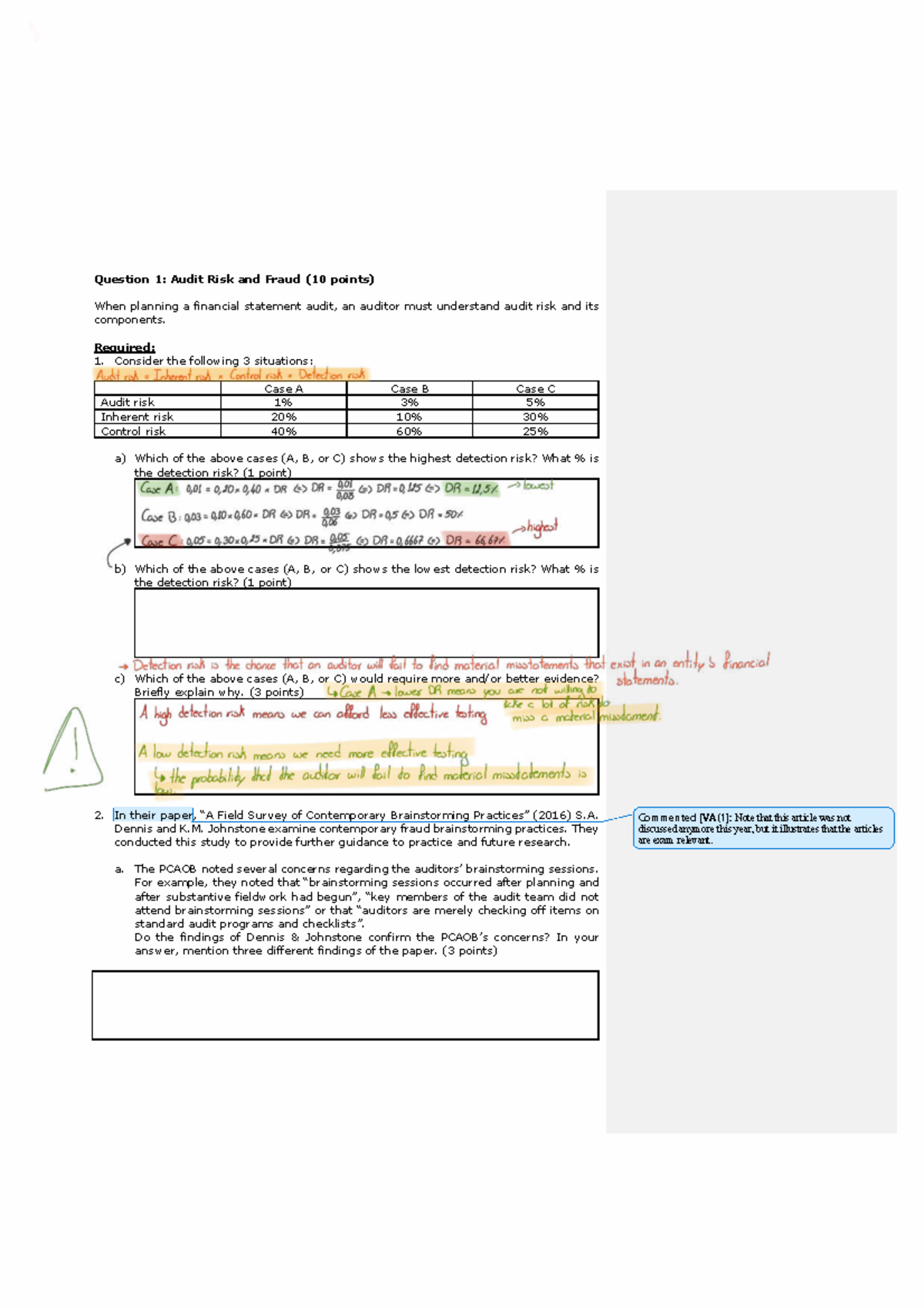 Sample Exam Questions: Audit Risk, Fraud, and Revenue Process (ACCT 101 ...