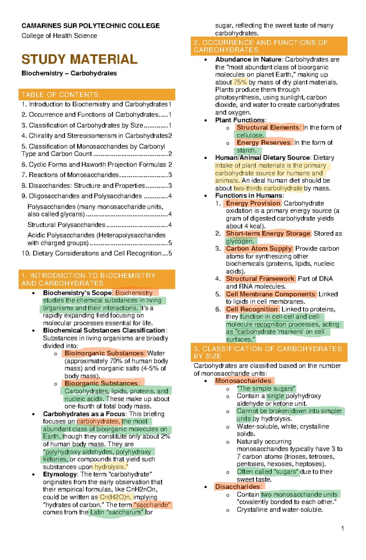 Biochemistry Study Material: Carbohydrates (CH1) - Studocu