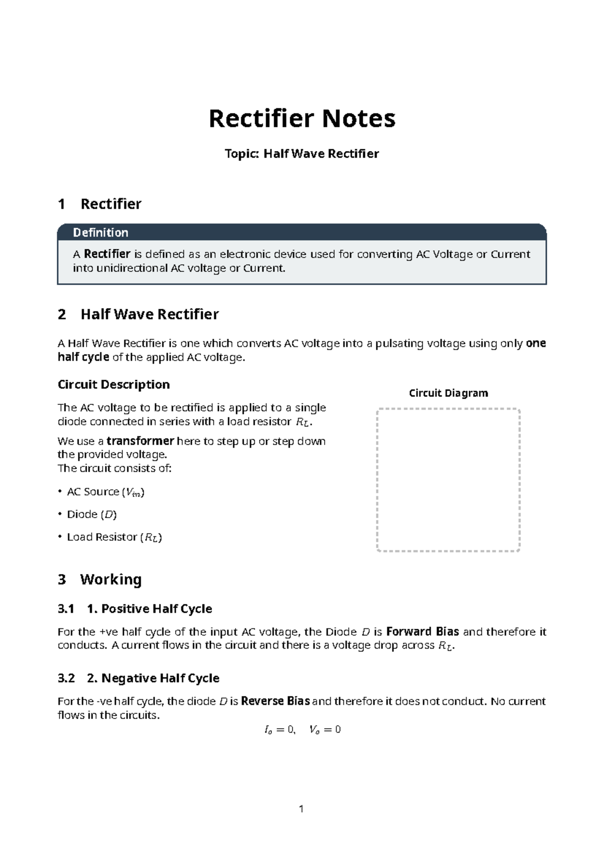 Half Wave Rectifier Notes - EE 101 Lecture Summary - Studocu
