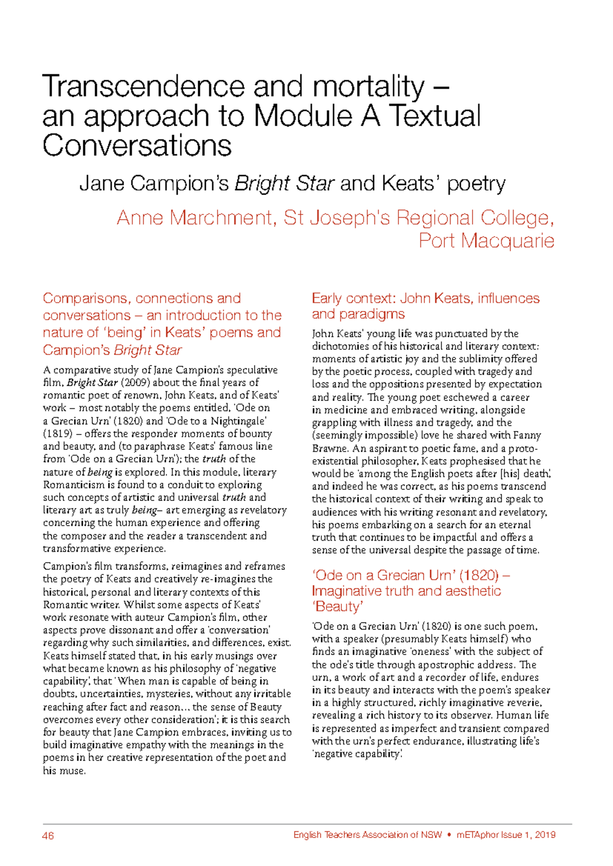 Transcendence and Mortality: A Comparative Study of Bright Star and ...