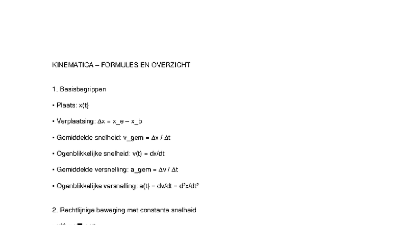 Kinematica Formules en Overzicht voor Fysica KIN101 - Studocu