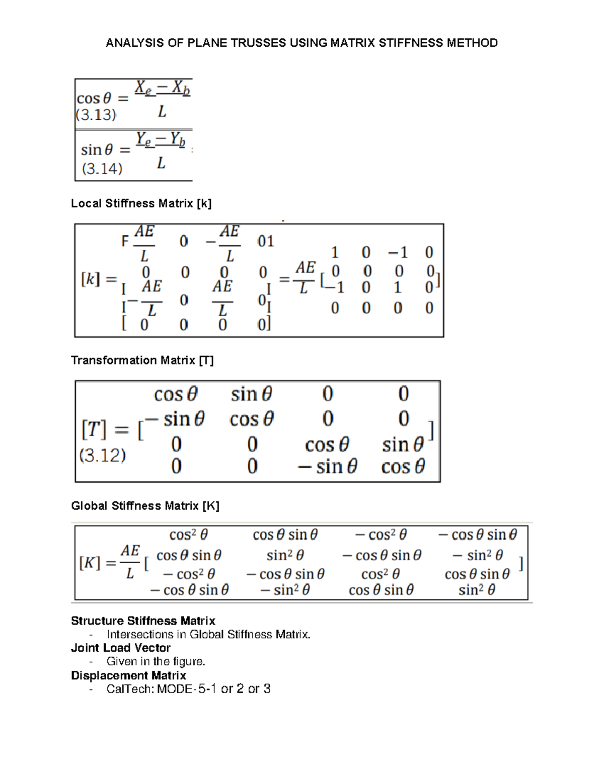 Formulas Analysis OF Plane Trusses Using Matrix Stiffness Method - BS Civil Engineering - Studocu