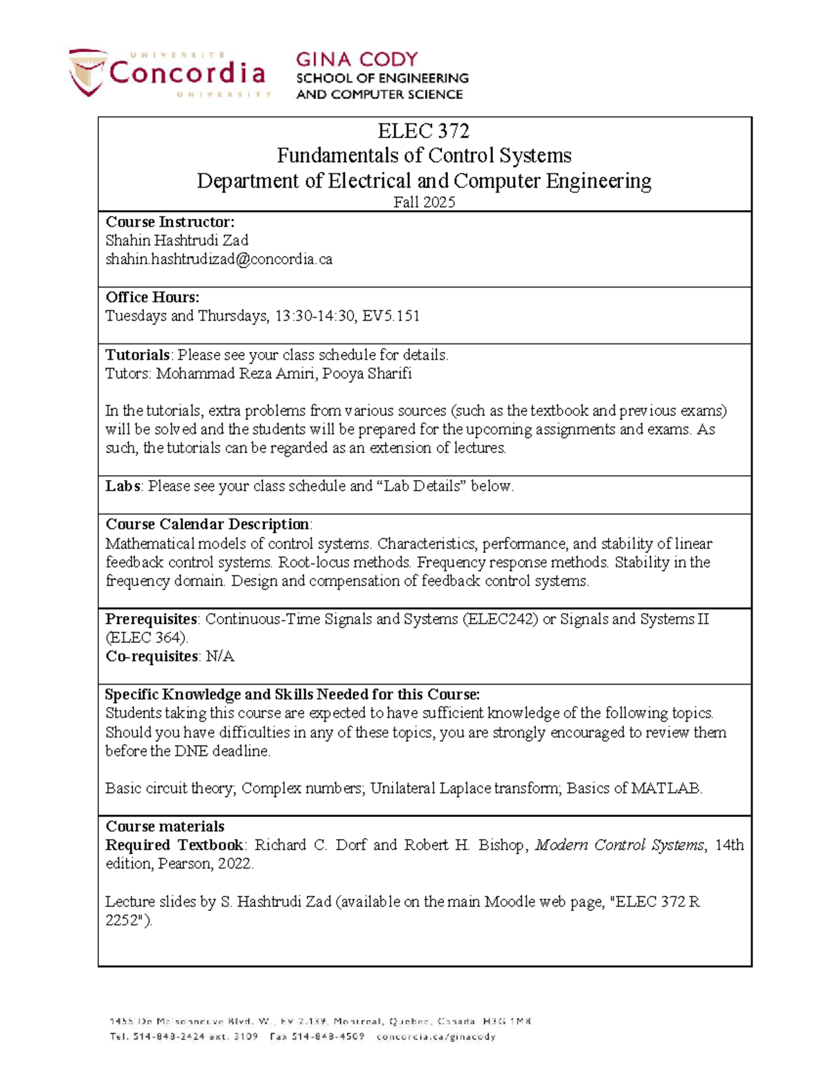 ELEC 372 Fall 2025 Course Outline: Fundamentals of Control Systems - Studocu