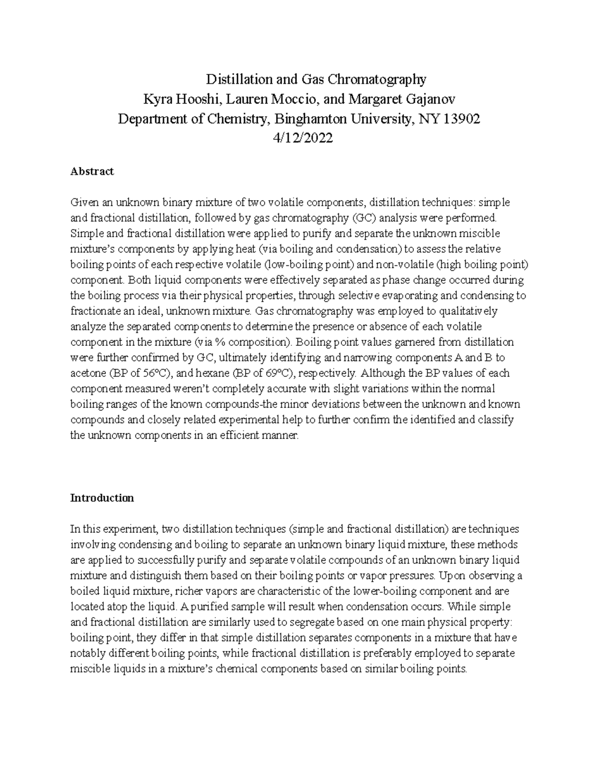 Distillation and Gas Chromatography Lab Report - CHEM 101 - Studocu