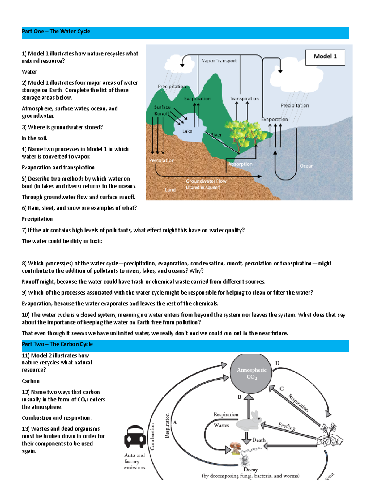 Ecology Homework 5 - Part One – The Water Cycle Model 1 illustrates how ...