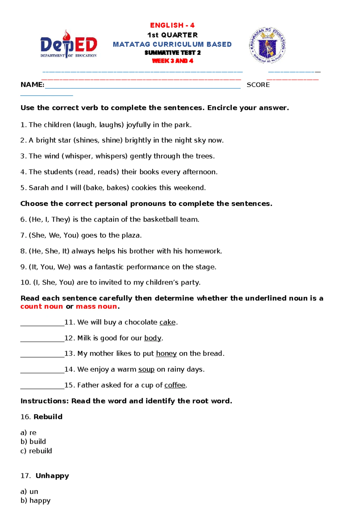 SCIENCE 4 1st QTR MATATAG CURRICULUM SUMMATIVE TEST 1 - Studocu