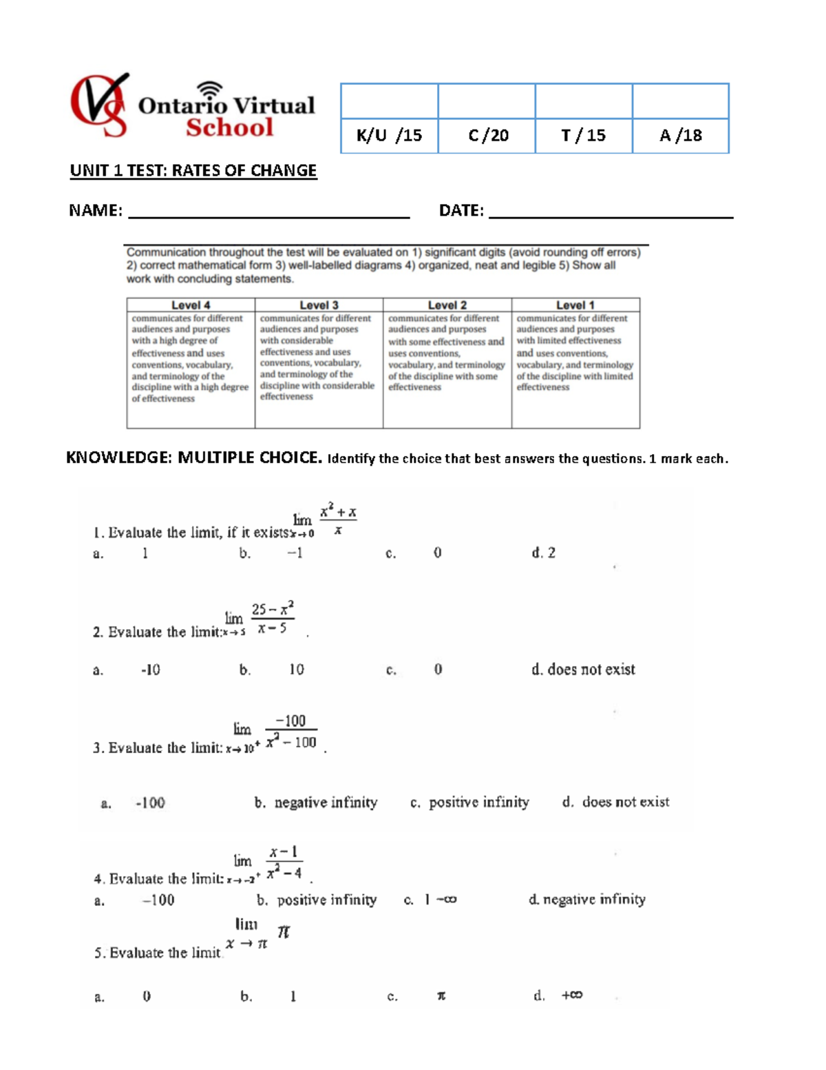 1735237325-OVS TEST 1 - Unit 1 test calculus and vectors - K/U /15 C ...