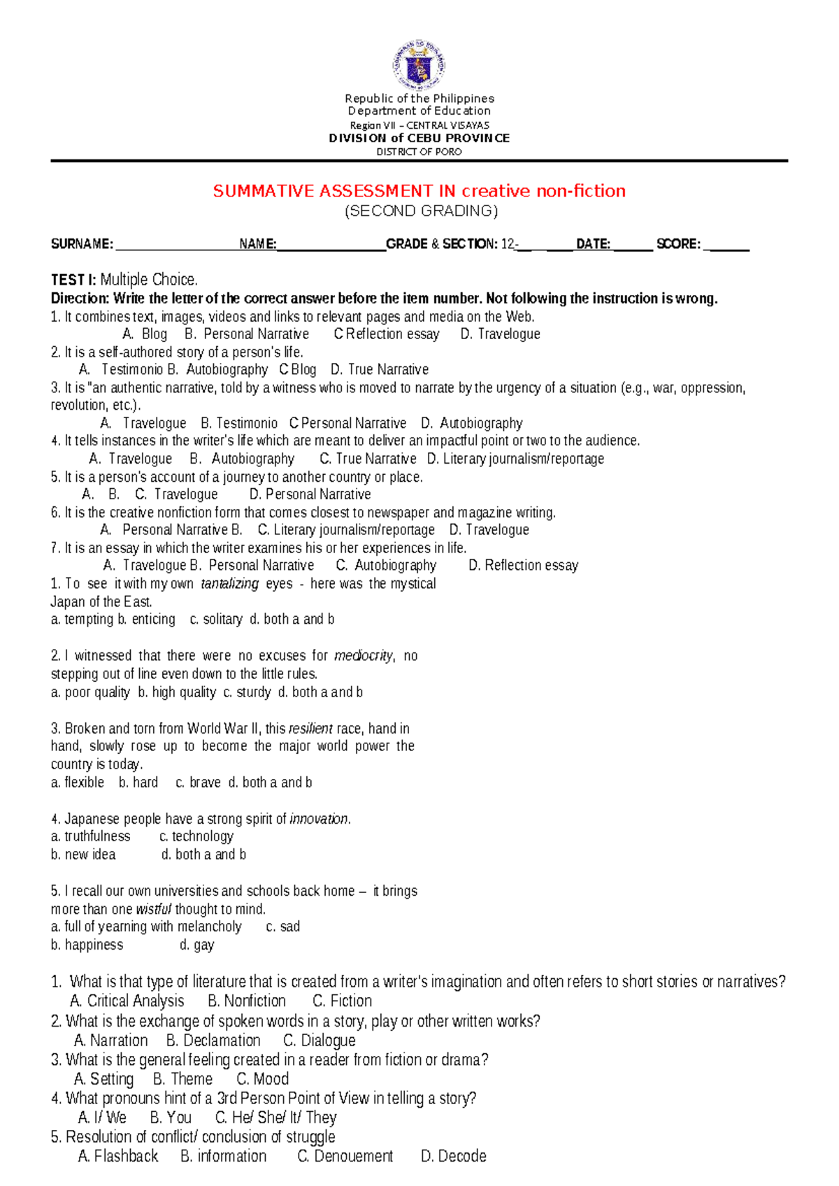 Summative Assessment in Creative Nonfiction (CNF) Q1 2024 - Studocu