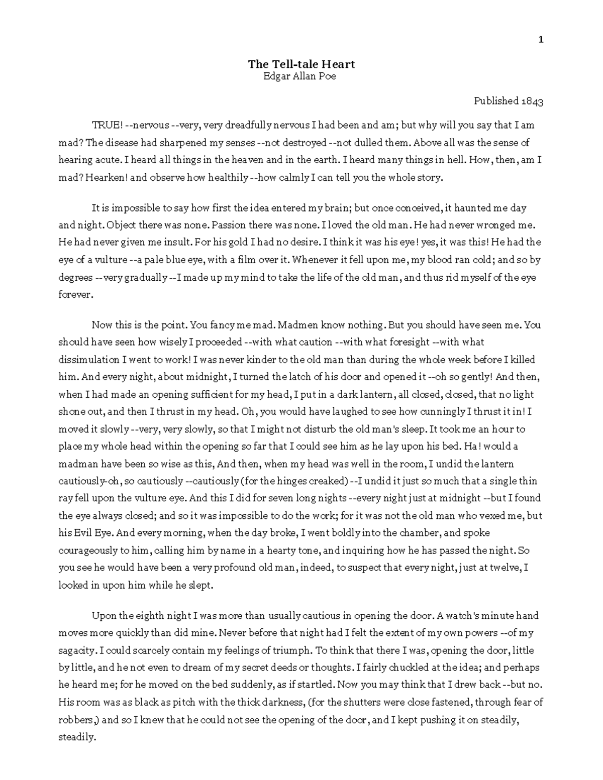 ENG 101: The Tell-Tale Heart - Analysis of Madness and Guilt - Studocu