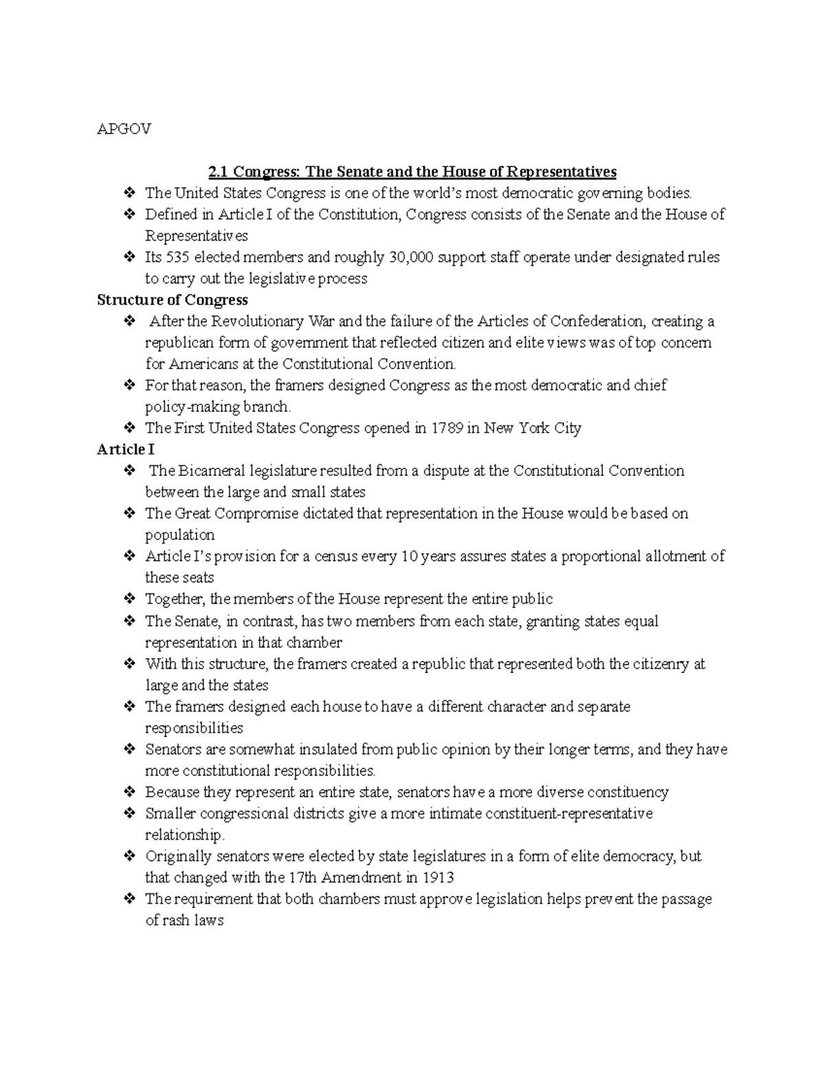 APGOV 2.1 Lecture Notes: Understanding Congress Structure and Powers ...