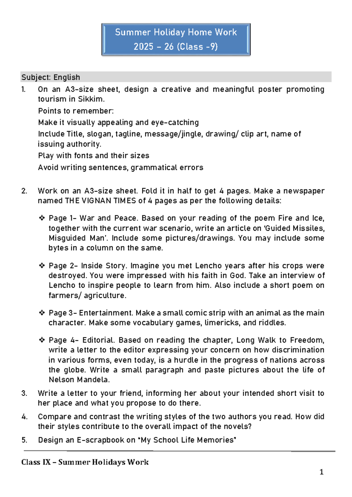 Class IX Summer Holiday Homework 2025-26: English & Science Activities ...
