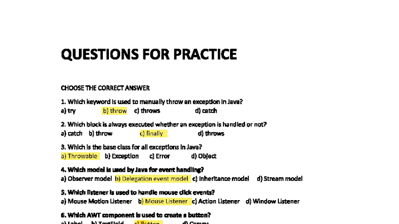 Java Objective Questions for Practice - Studocu