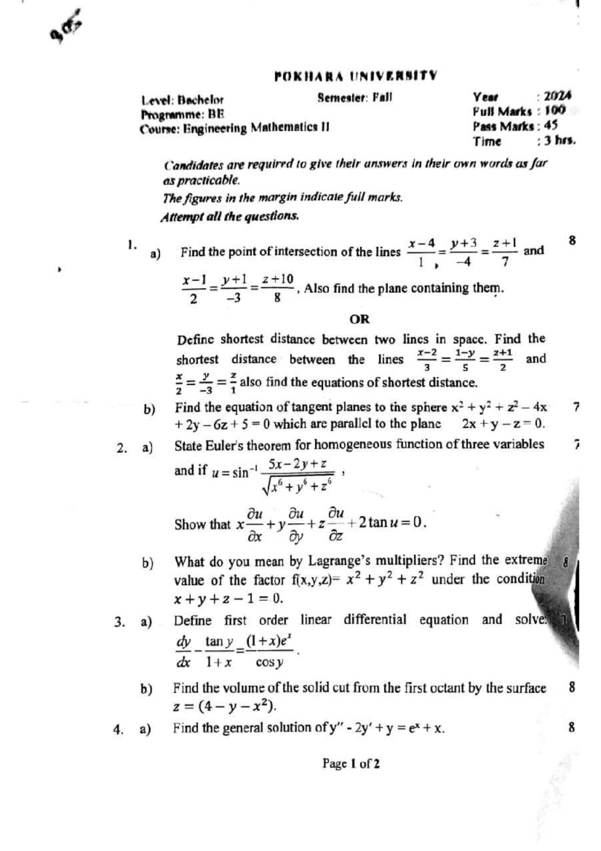 Engineering Mathematics II (Math2) Final Exam Guide - Fall 2024 - Studocu