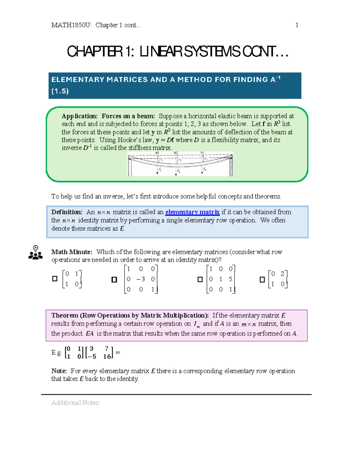 MATH1850U: Chapter 1 - Linear Systems & Elementary Matrices - Studocu