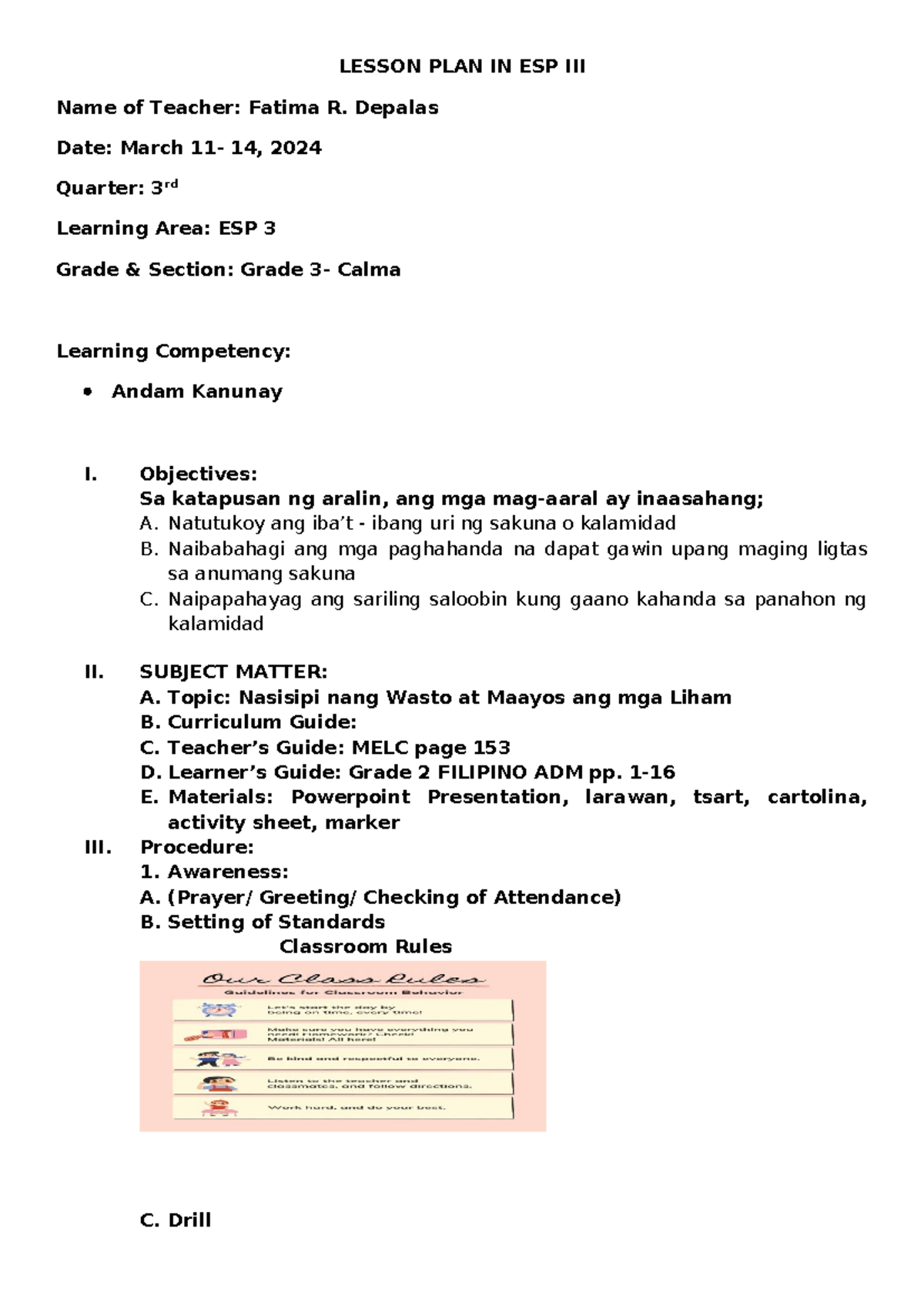 Lesson Plan for ESP III - Grade 3: Disaster Preparedness Activities ...