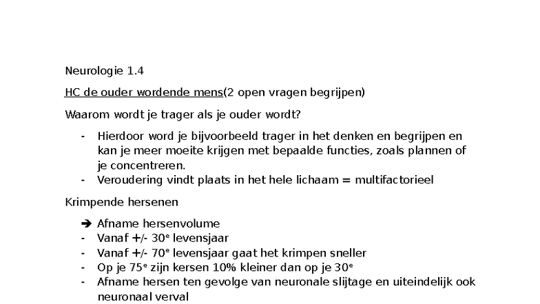 Neurologie 1.4 - Veroudering en Cognitieve Functies HC - Studeersnel