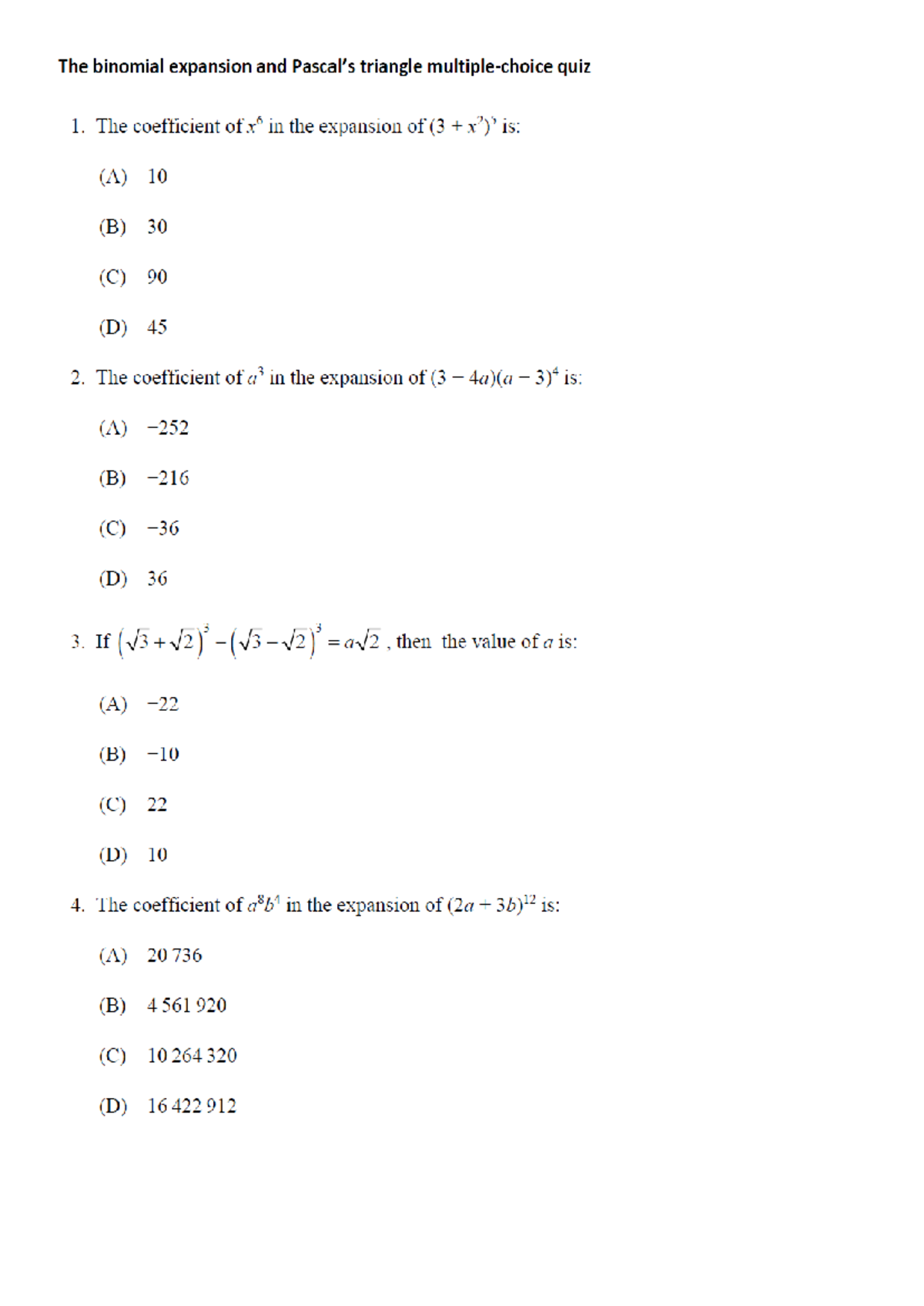 Binomial Theorem MCQ - The binomial expansion and triangle quiz 1. The ...