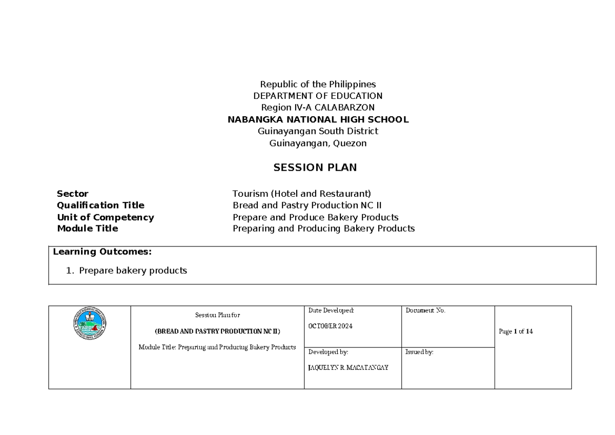Session Plan for Bread and Pastry Production NC II: Bakery Product ...