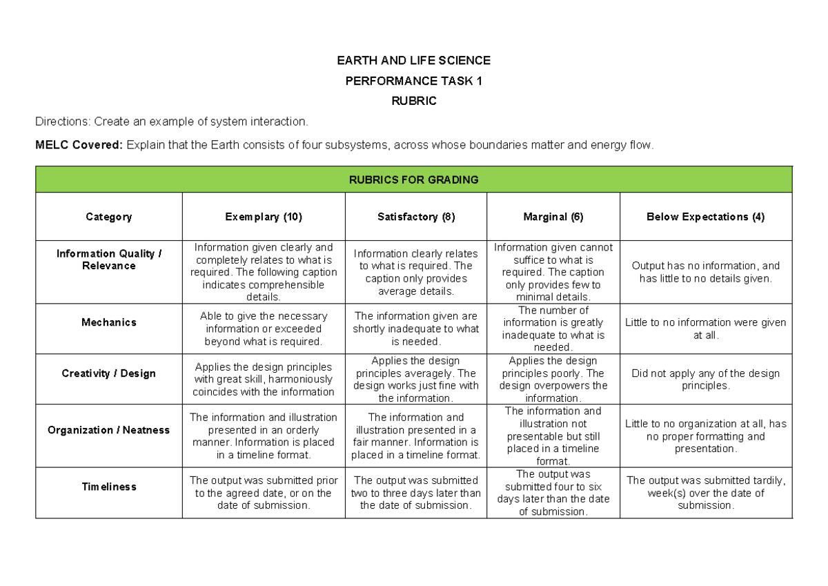 PT 1 Rubric - Earth and Life Science Assessment Criteria - Studocu