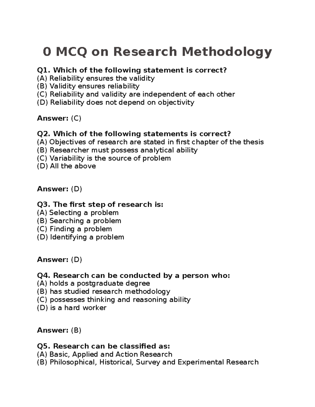 MCQ on Research Methodology Mdrae - 0 MCQ on Research Methodology Q1 ...