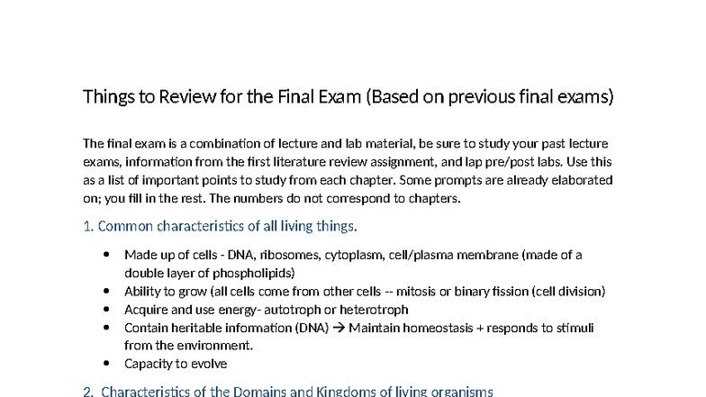 Biology 101: Final Exam Review - Key Concepts & Study Points - Studocu