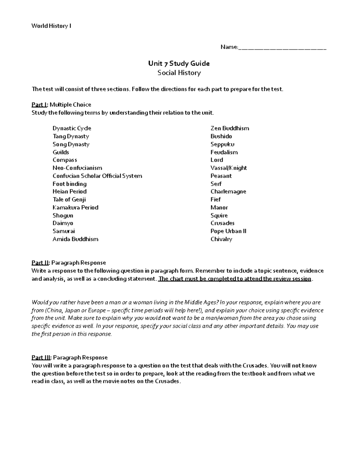World History I - Unit 7 Study Guide: Social History Exam Preparation ...