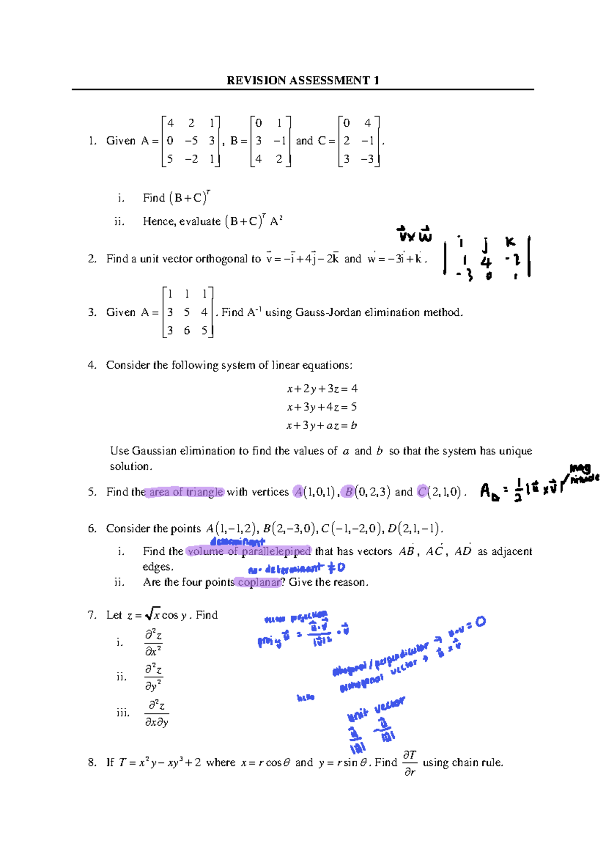 REVISION ASSESSMENT 1: Test 1 Practice for Linear Algebra Concepts ...