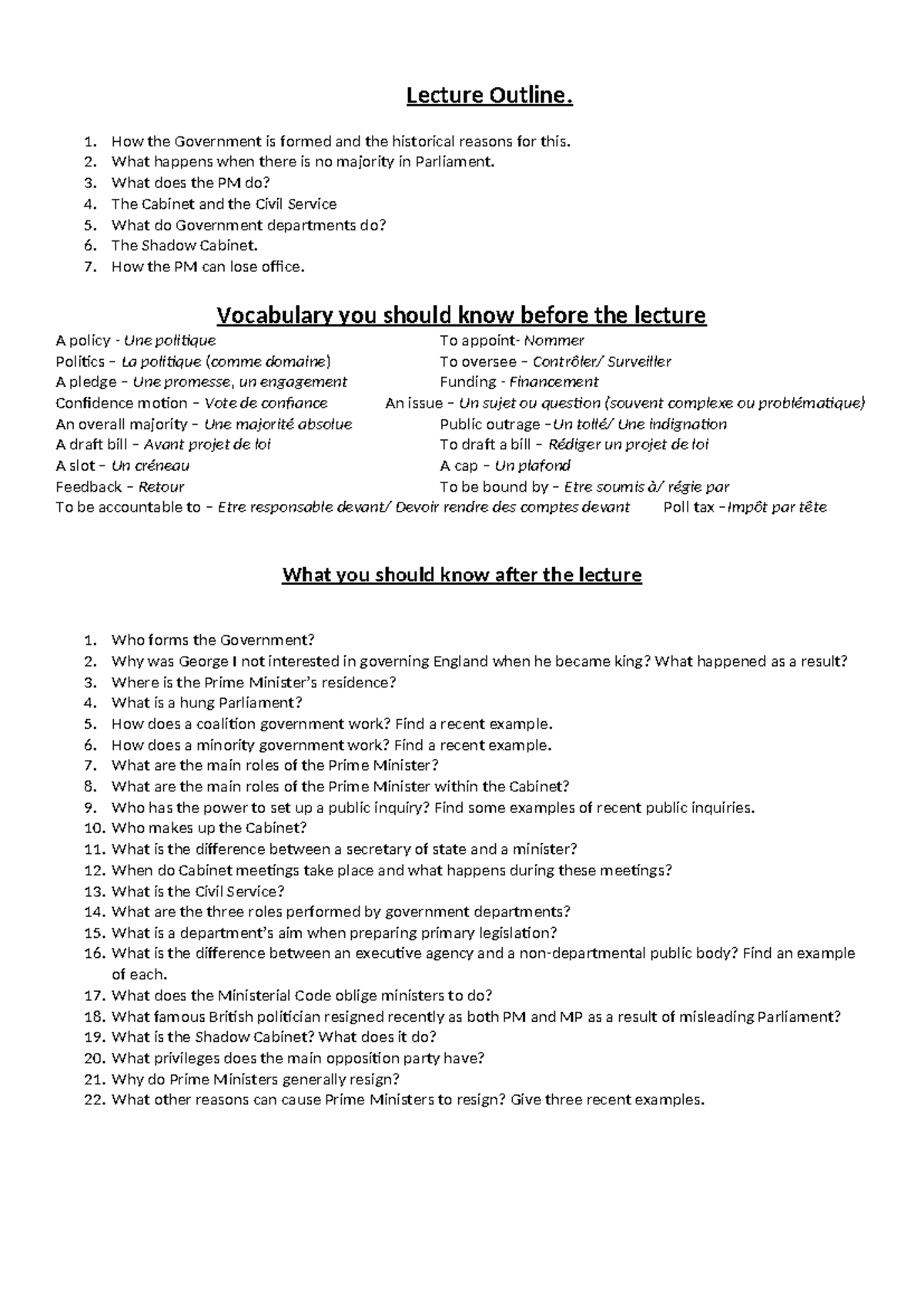 What you should know - Lecture 3 - Lecture Outline. How the Government ...