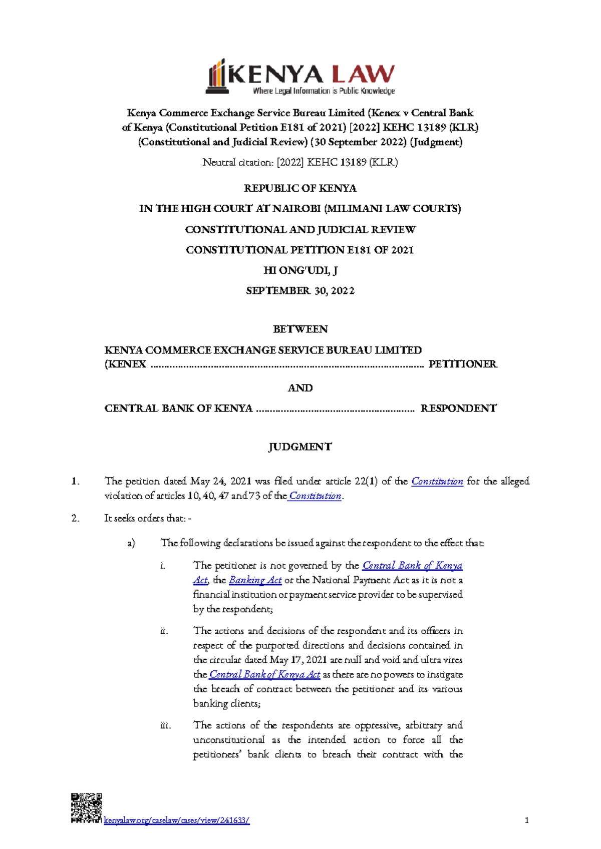 Kenex v Central Bank of Kenya: Constitutional Petition E181 of 2021 ...