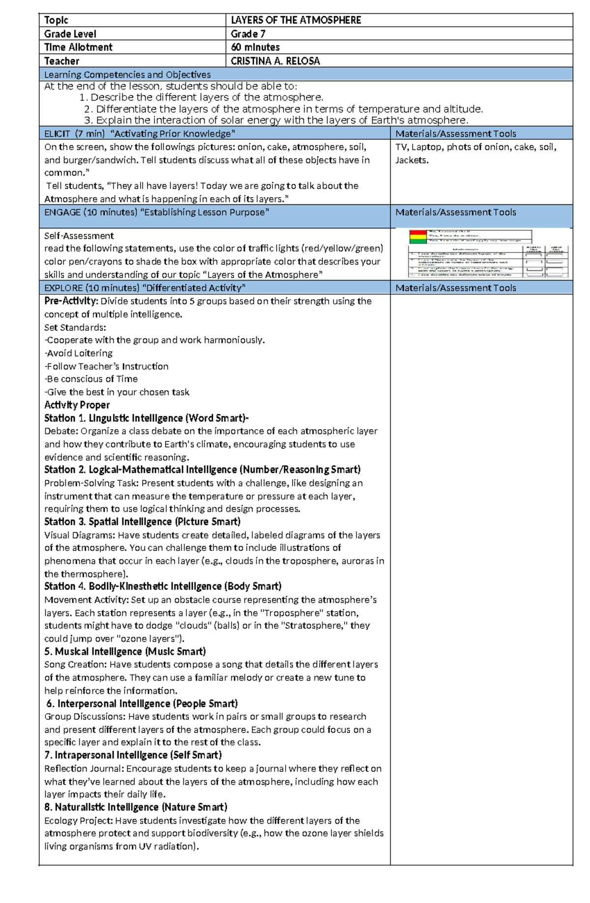 7E Model Lesson Plan: Layers of the Atmosphere (Grade 7, 60 min) - Studocu