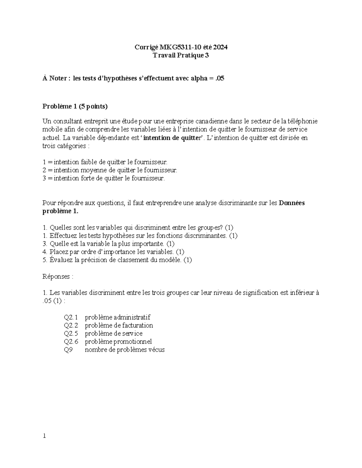 Corrigé du TP3 MKG5311 Été 2024 - Analyse Discriminante et Modèles Prédictifs - Studocu