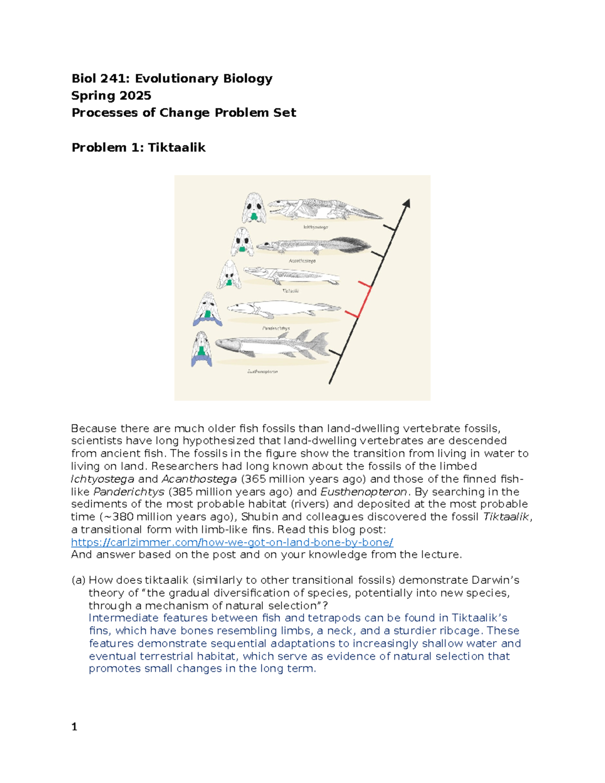 Biol 241: Evolutionary Biology Spring 2025 Processes of Change Problem ...