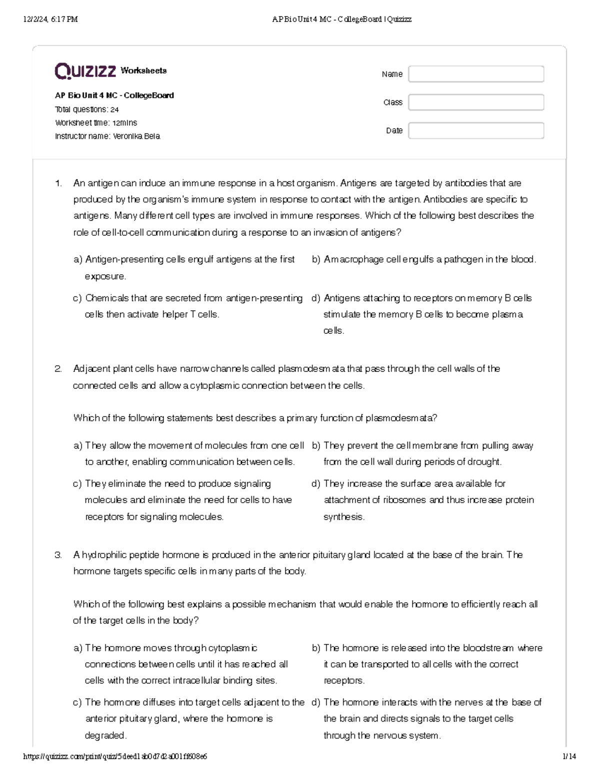 AP Bio Unit 4 MC Questions - College Board Quizizz Review - Studocu