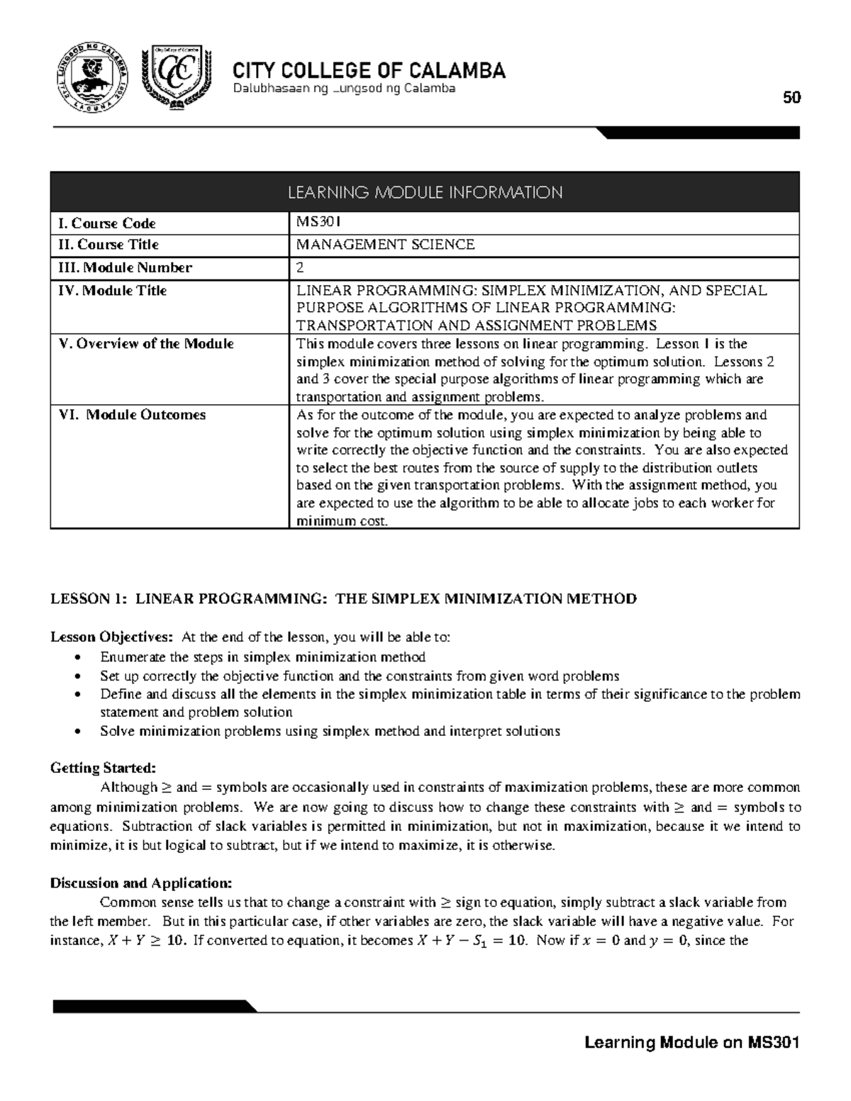 Midterm Module MS301: Linear Programming & Simplex Method - Studocu