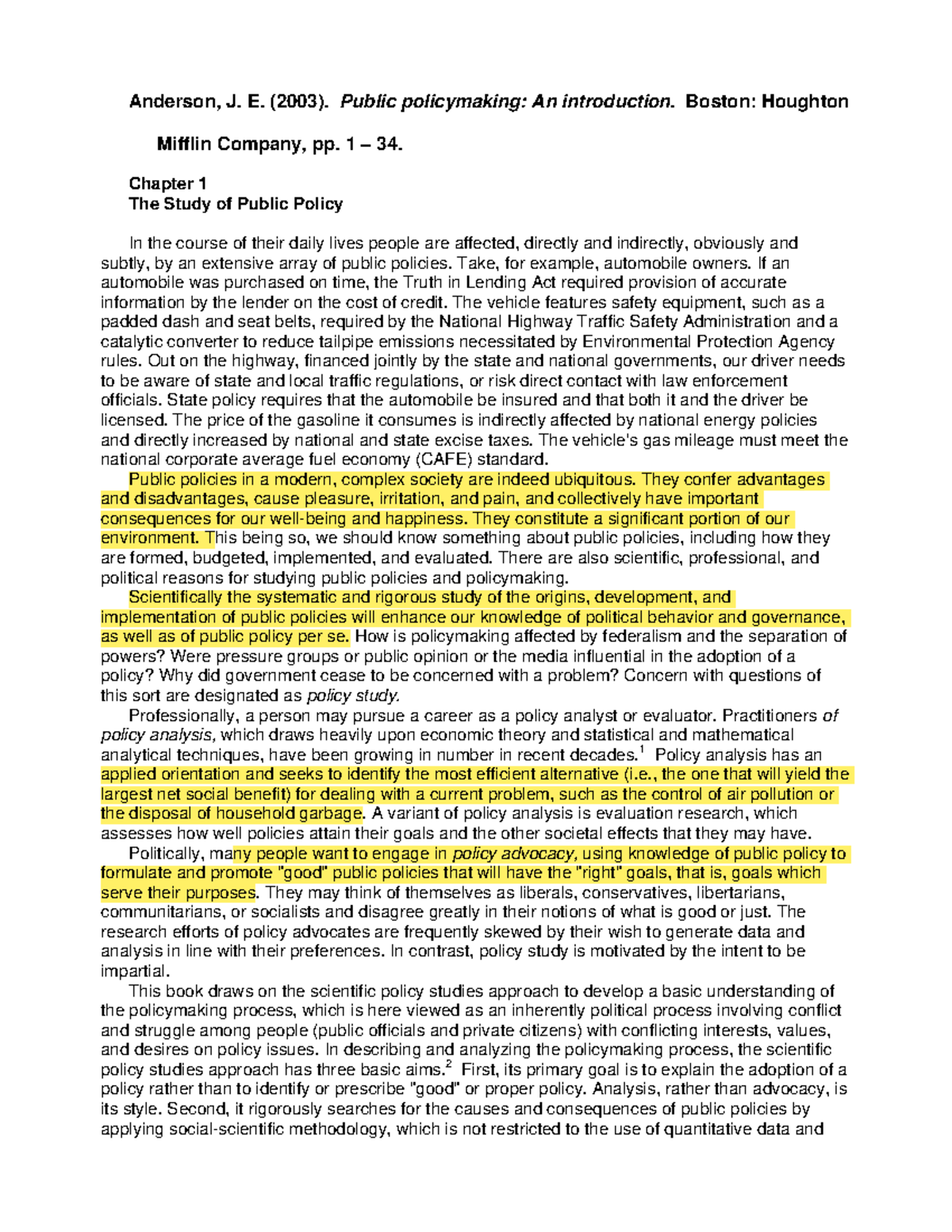 Anderson 2003: Chapter 1 - Understanding Public Policy Dynamics - Studocu