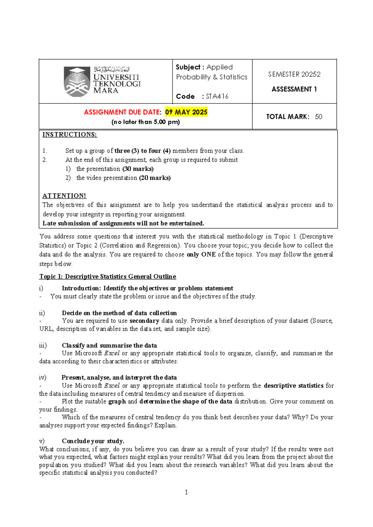 STA416 Group Project Instructions: Applied Probability & Statistics ...