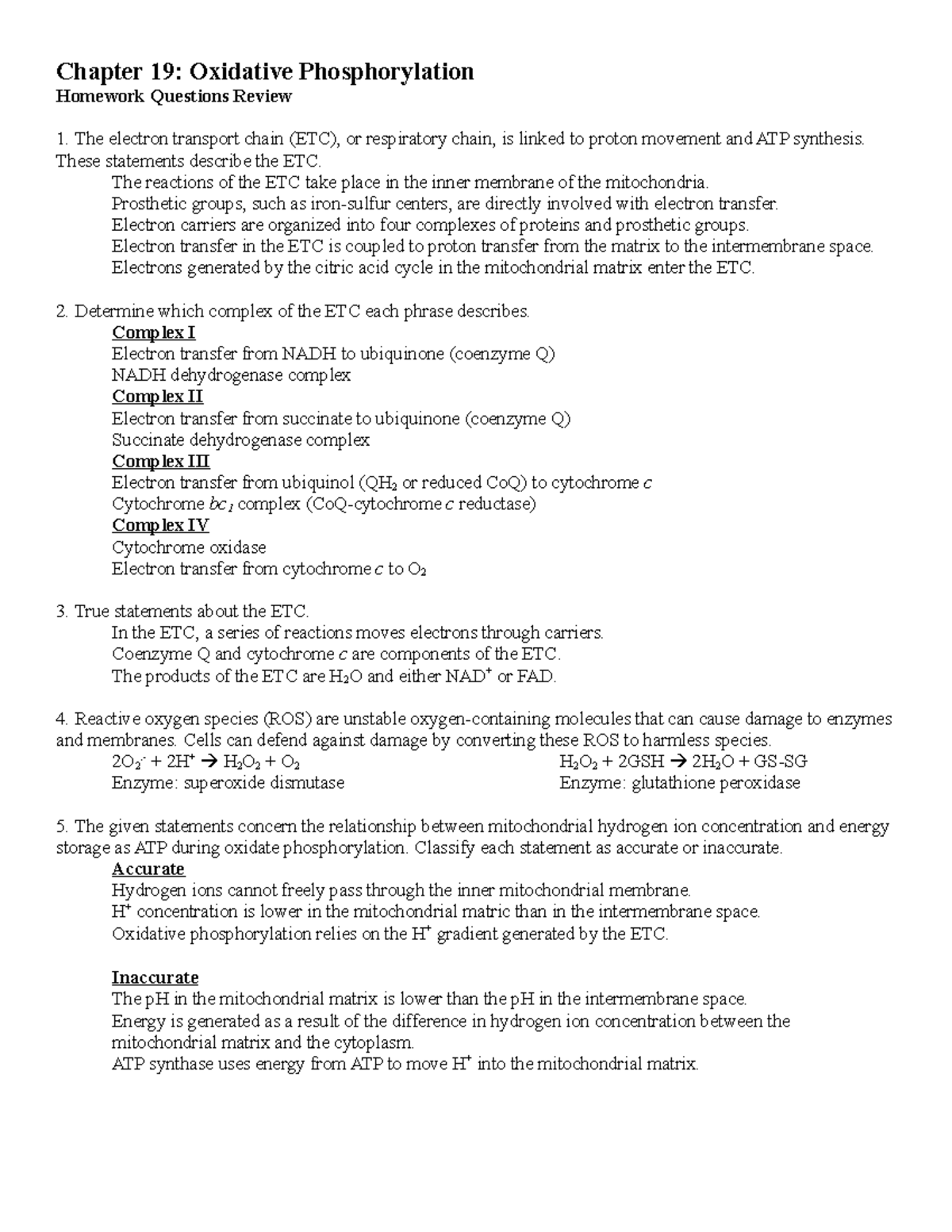 Chapter 19 Homework Questions: Understanding Oxidative Phosphorylation ...