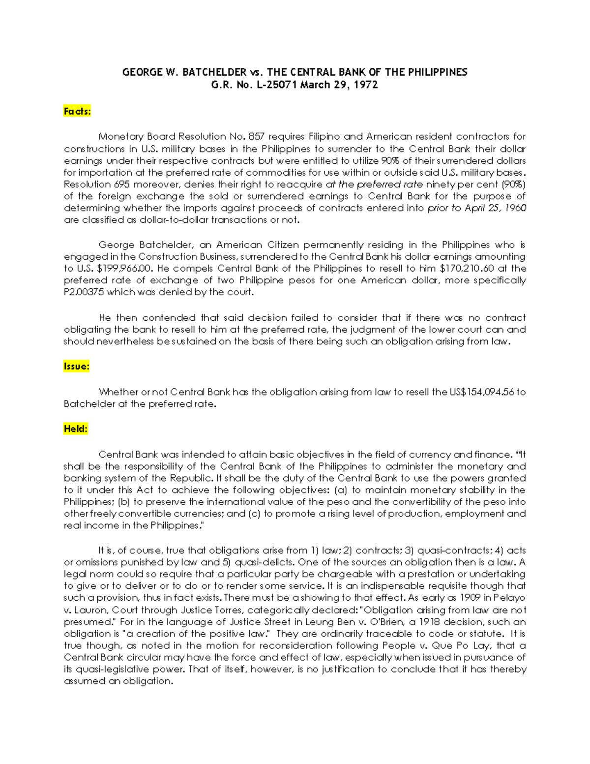 Case Digest: George W. Batchelder vs. Central Bank of the Philippines ...