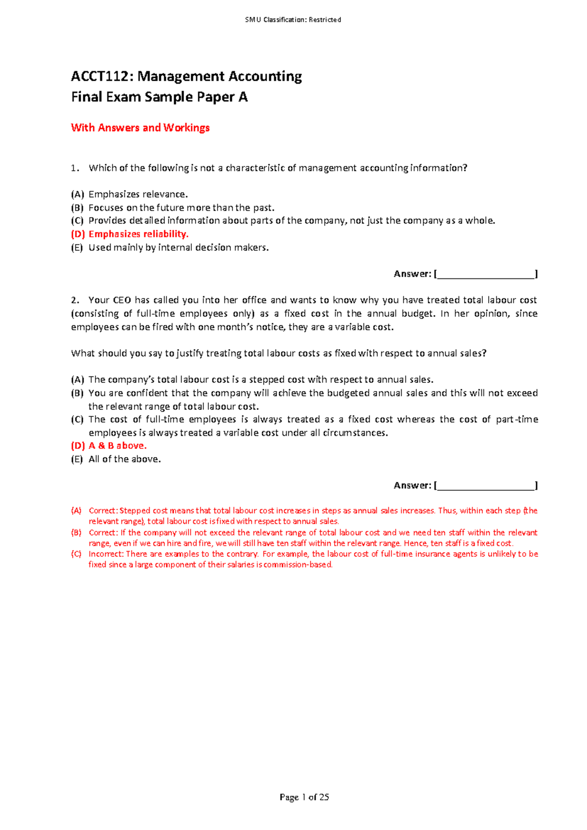 3A Final Exam Sample Paper A with workings and Answers 2 - ACCT112 ...