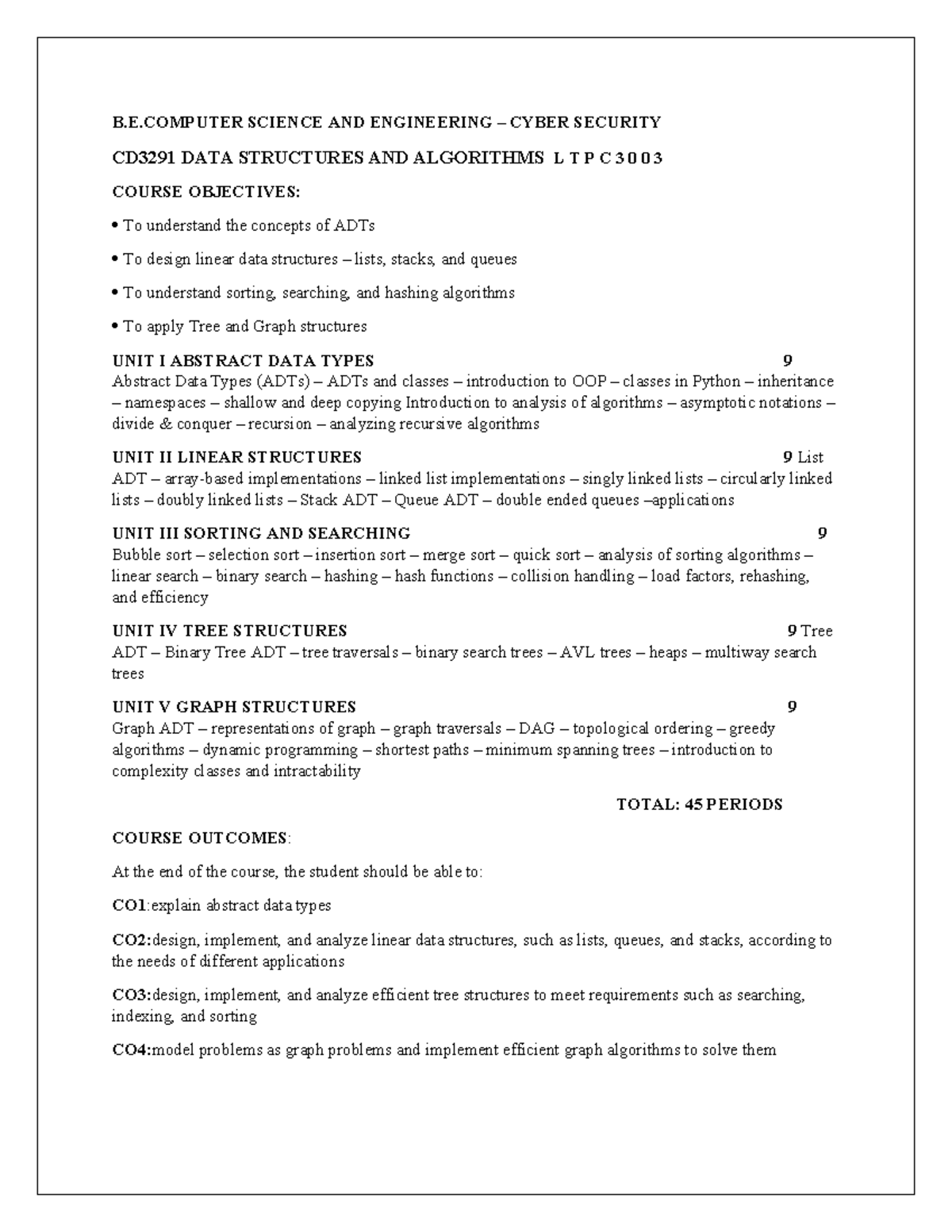 CD3291 Data Structures and Algorithms Course Overview and Lesson Plan ...