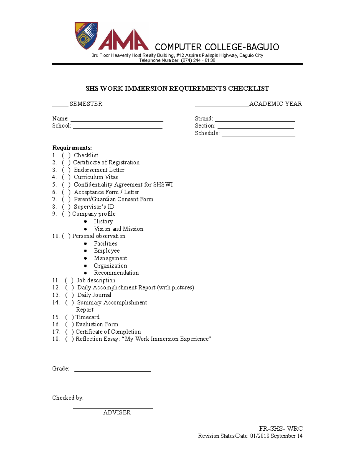 SHS Work Immersion Requirement Checklist - Copy - COMPUTER COLLEGE-BAGUIO 3rd Floor Heavenly ...