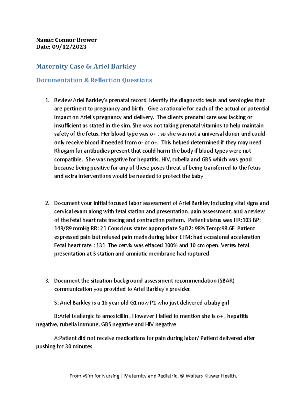V Sim Nursing Case Study: Maternity Reflection on Ariel Barkley - Studocu