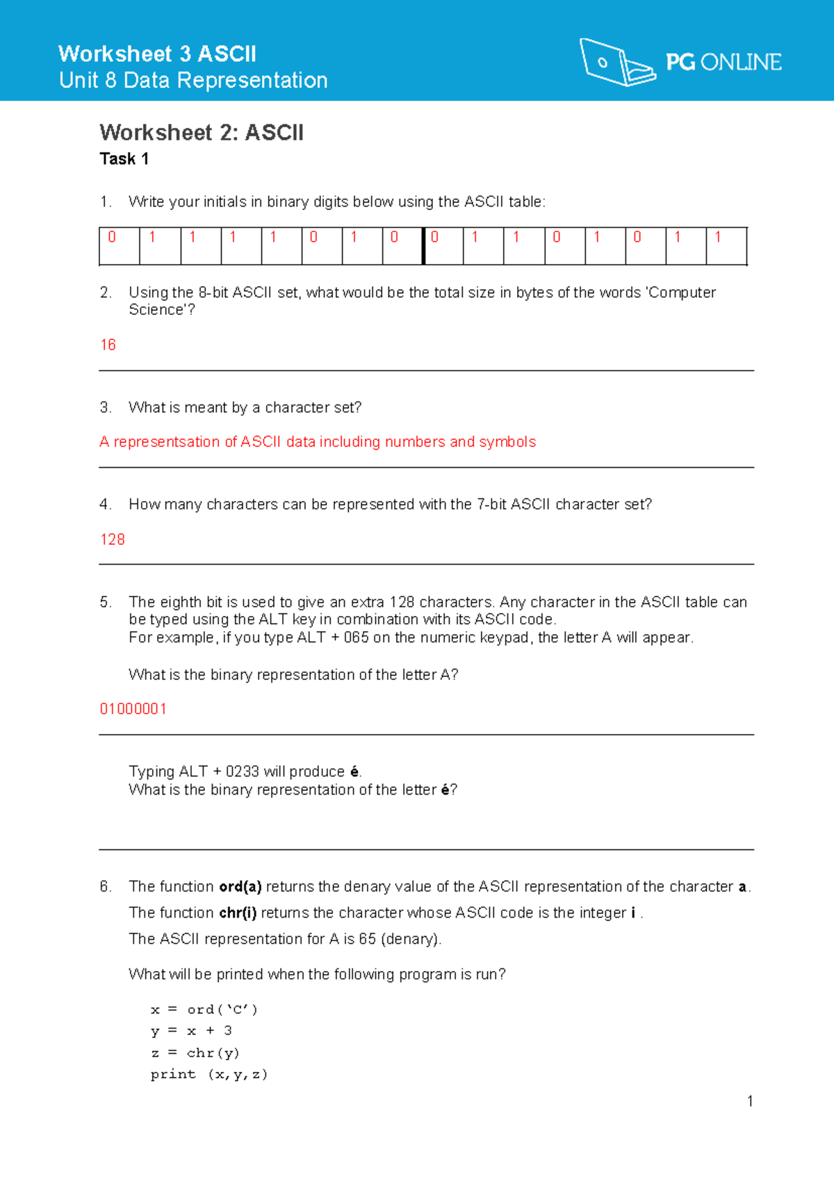 Data Representation Worksheet 3: ASCII & Binary Concepts - Studocu