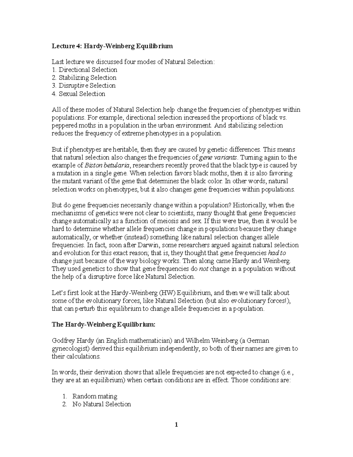 Lecture 4: Understanding Hardy-Weinberg Equilibrium & Natural Selection ...