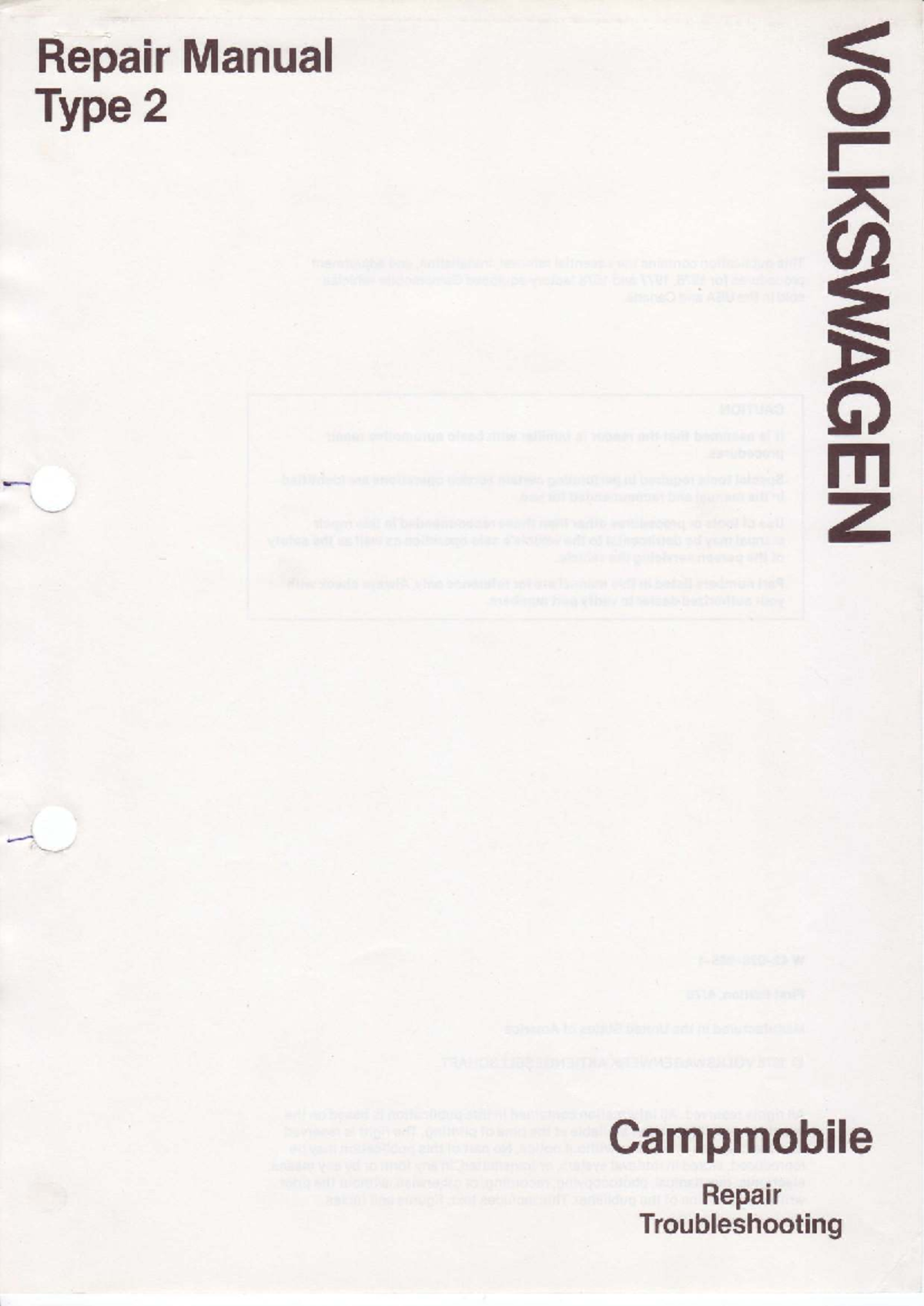 1978 Westfalia Campmobile Repair Manual: Troubleshooting & Procedures ...