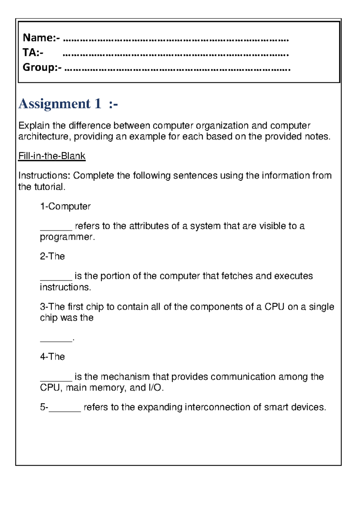 Assignment 1: Computer Organization vs. Architecture Explained - Studocu