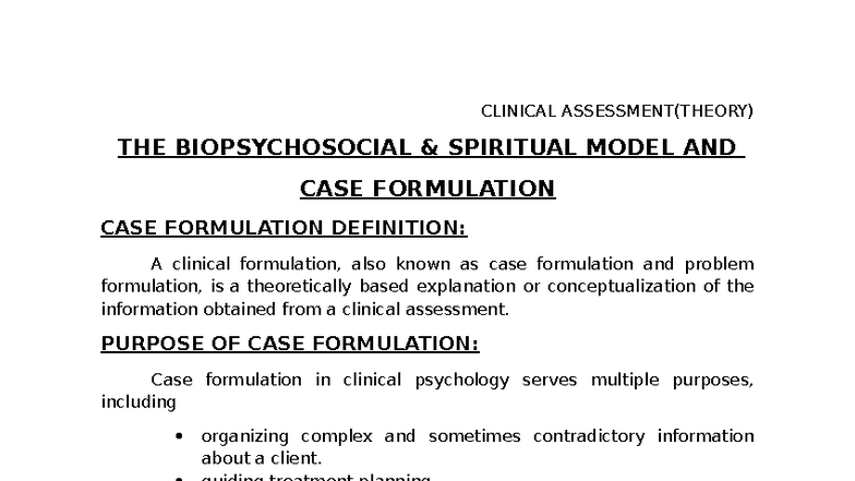 CLINICAL ASSESSMENT: Biopsychosocial & Spiritual Model Case Formulation ...